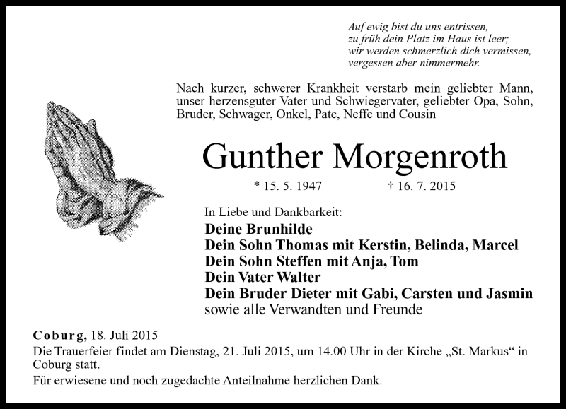 Traueranzeigen von Gunther Morgenroth | franken-gedenkt.de Traueranzeigen von Gunther Morgenroth | franken-gedenkt.de