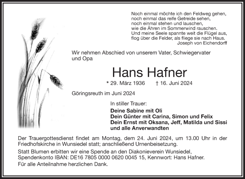 Traueranzeigen von Hans Hafner | franken-gedenkt.de Traueranzeigen von Hans Hafner | franken-gedenkt.de